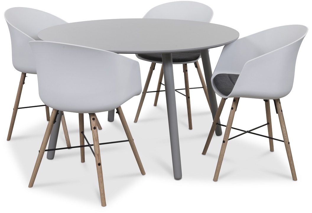 Rosvik spisegruppe gråt rundt bord med 4 stk Moon stole gråt tekstil ...