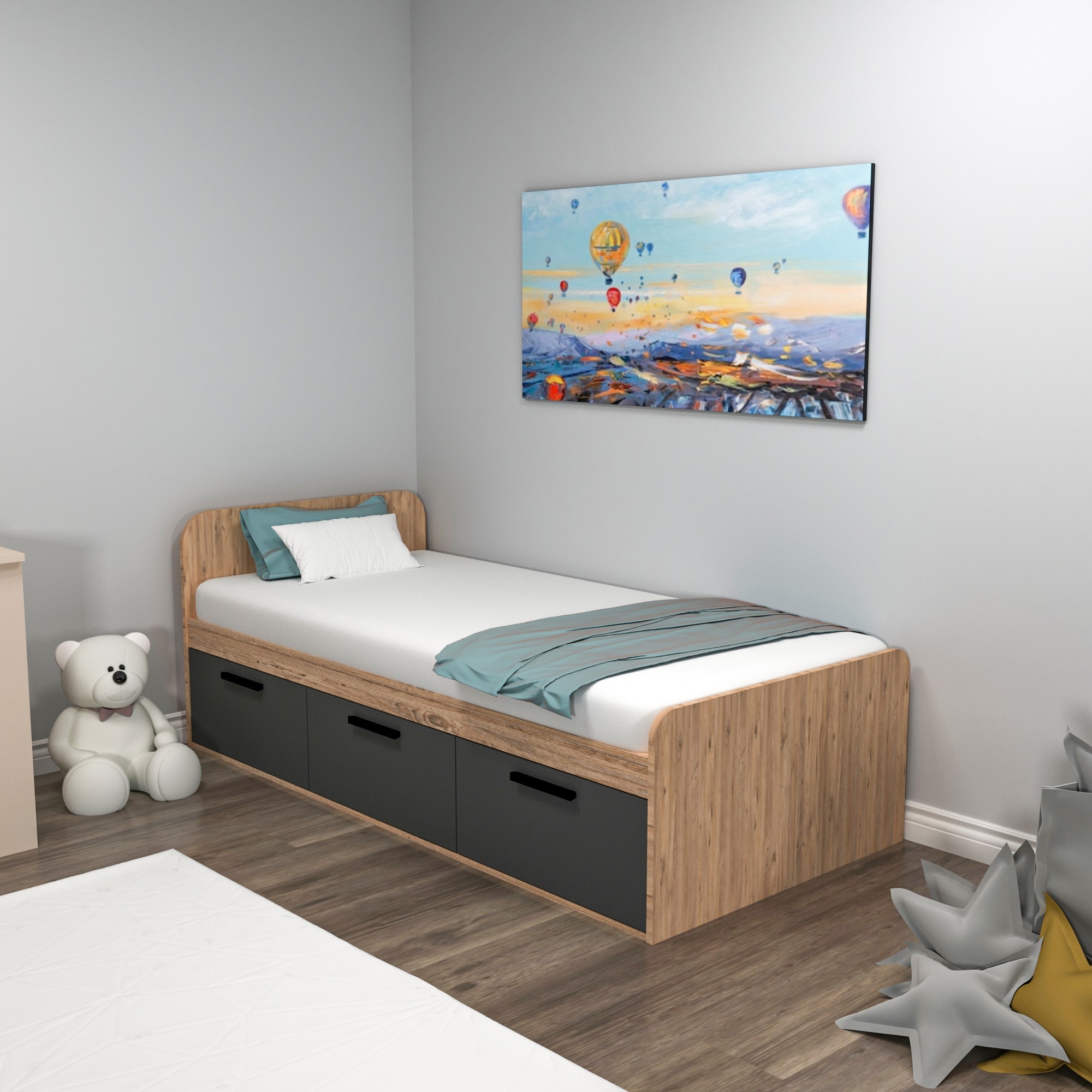 Akser enkeltseng med indbygget opbevaring 190 x 90 cm - Fyr/antracit ...
