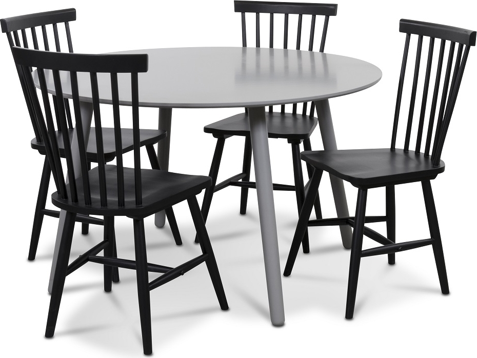 Rosvik spisegruppe gråt rundt bordet med 4 sorte Karl Pinn stole - grå ...